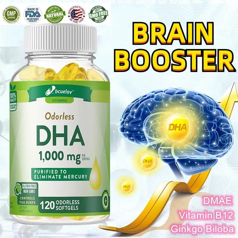 Bcuelov High IQ Brain Booster Supplement DHA Vitamin Capsules Improve