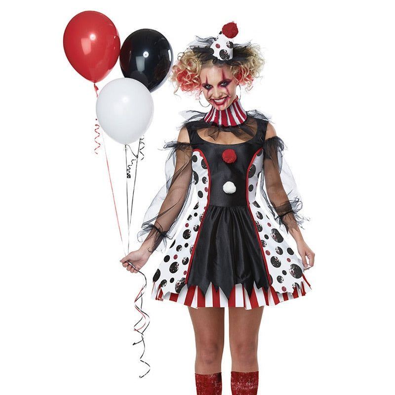 Women's carnival costume, terrible evil circus clown costume, broken ...