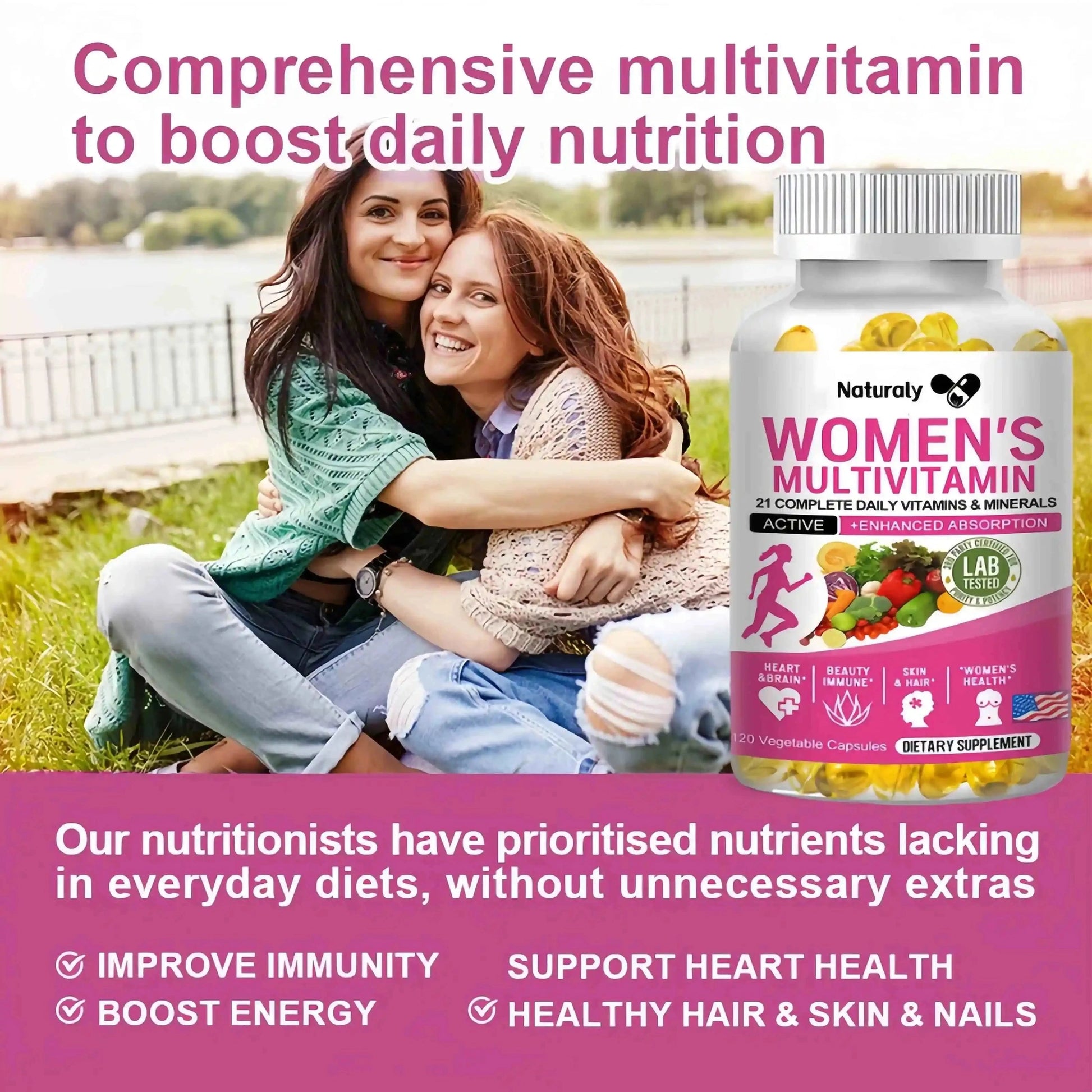 Multivitamin capsules contain a perfect blend of iron, biotin, calcium