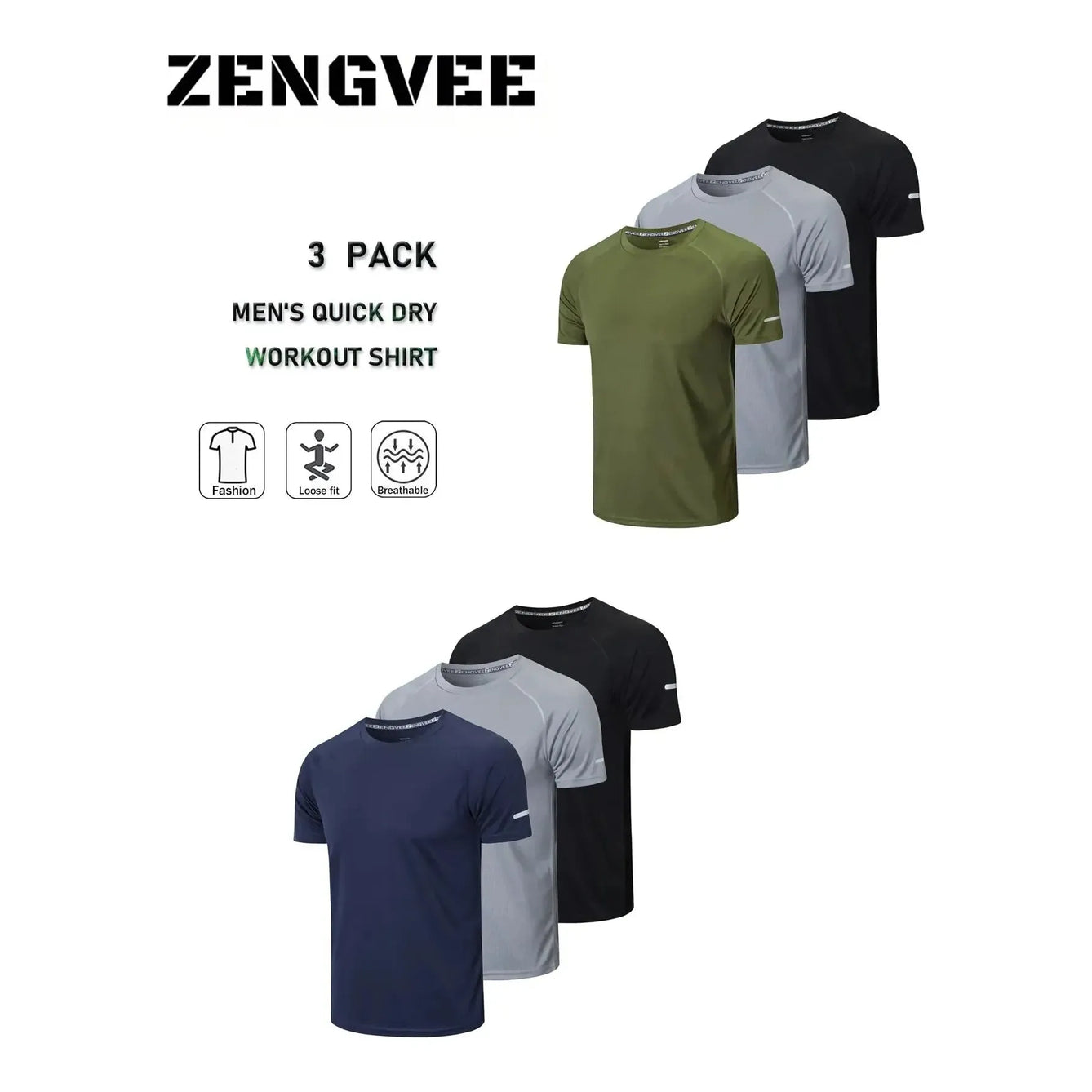 ZengVee 3 Pack Running Shirts Men Dry-Fit Workout Moisture Wicking Act