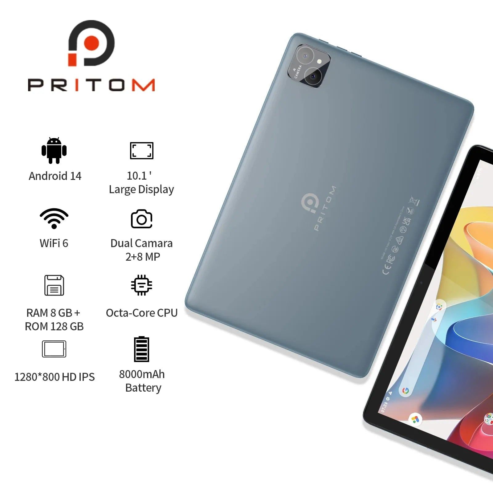 PRITOM TAB11 Android 14 Tablet, 10 Inch, Octa-Core, 5G WiFi6, 128GB, 8